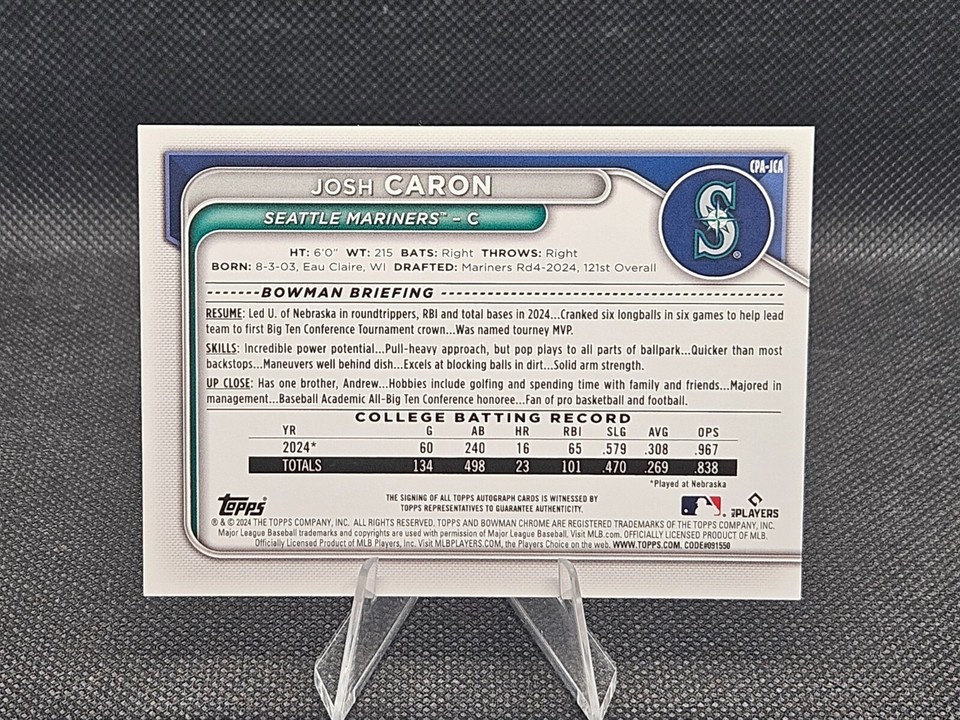 JOSH CARON AUTO - 2024 Bowman Draft Chrome #CPA-JCA Mariners | eBay