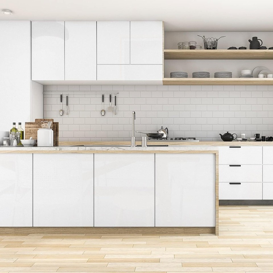 White Gloss Self Adhesive Vinyl Wrap Kitchen Worktop Covering Cupboard ...
