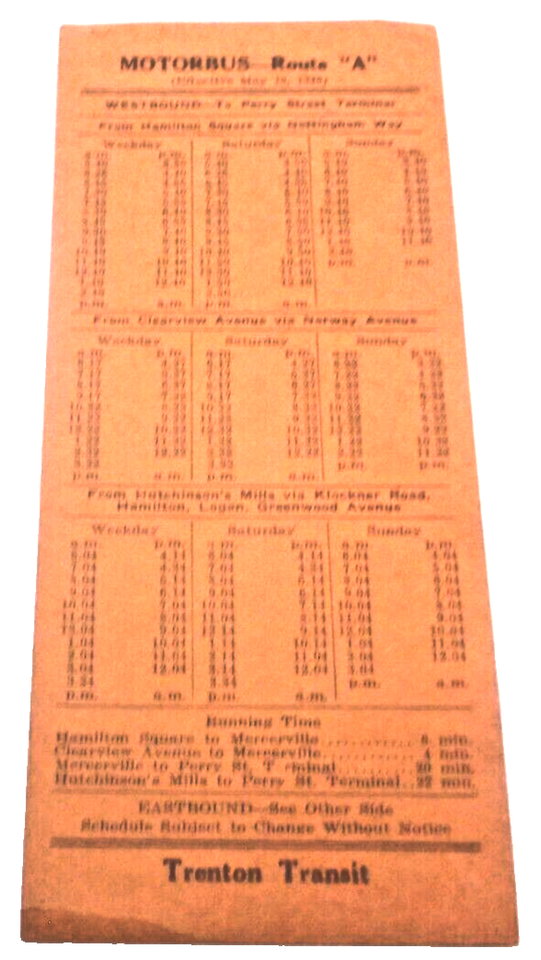 MAY 1946 TRENTON NEW JERSEY TRANSIT BUS SCHEDULE | eBay
