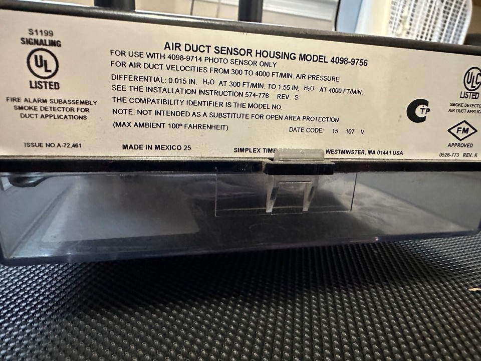 Simplex 4098-9756 Fire Alarm Air Duct Sensor Housing and Smoke Detector ...