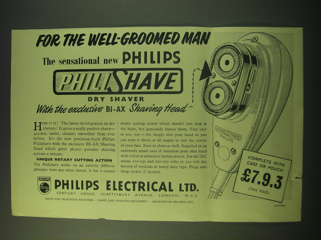 1953 Philips PhiliShave Dry Shaver Ad - For the well-groomed man | eBay