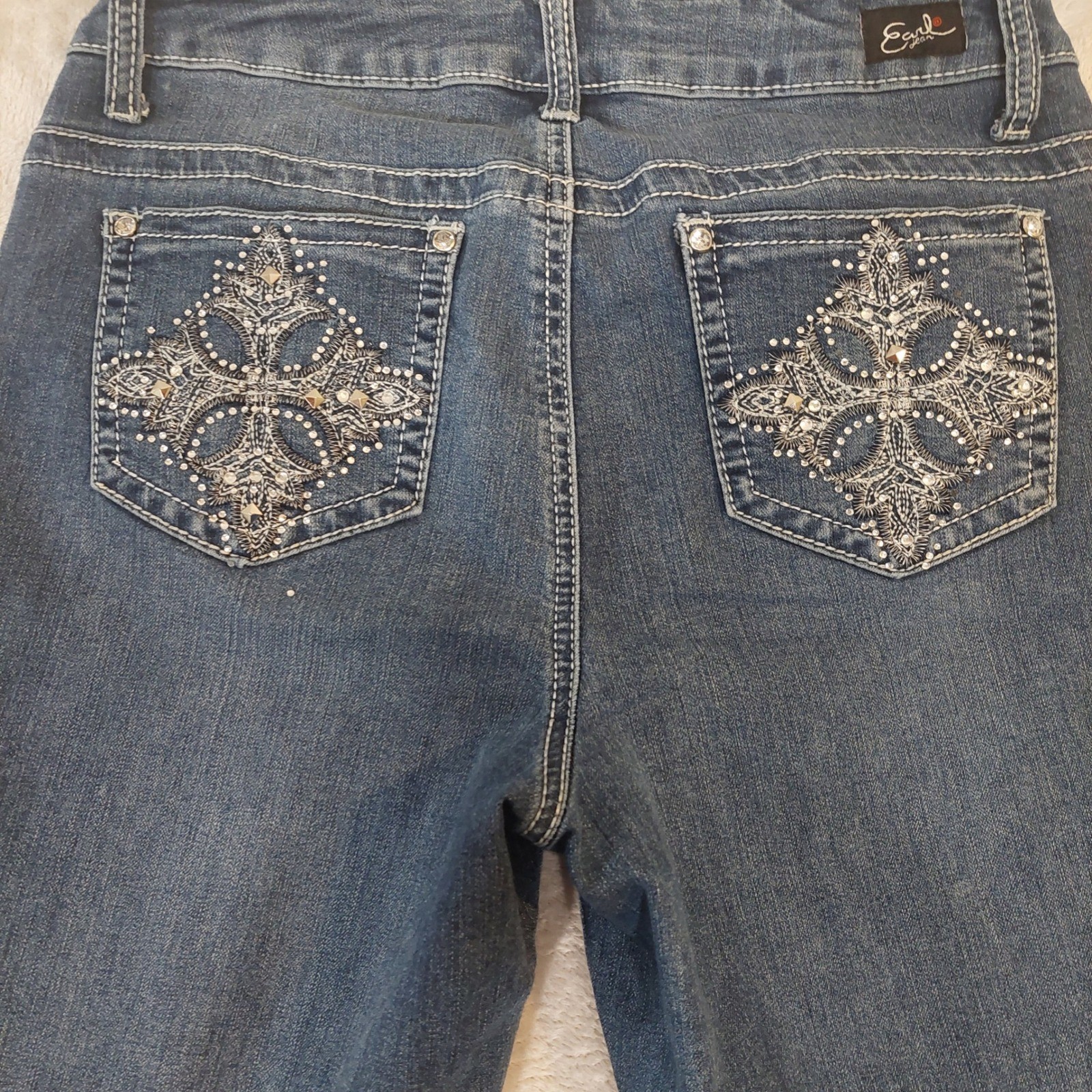 Earl Jean Womens Size 10 Slim Boot Jeans Embellished Pockets Blue Denim ...