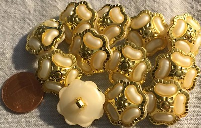 12 Gold Tone PLASTIC & Cream Faux MOP Shank Buttons 13/16" 20MM Lot ...