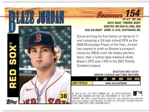 BLAZE JORDAN 2021 Bowman Heritage Paper Prospect #154 Boston Red Sox | eBay