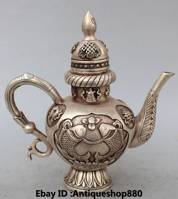 9 " China Tibet Silver 8 Auspicious Symbol Fish Flagon Kettle Teapot ...