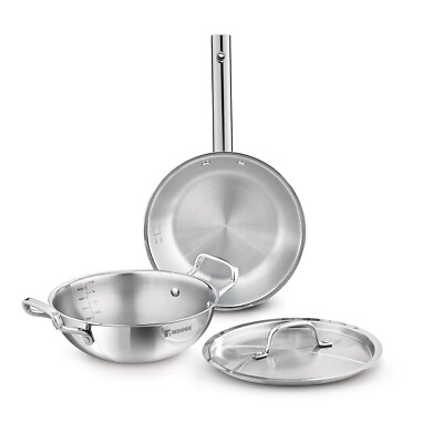 Triply Stainless Steel 3 Pc Cookware Set, Wok with Lid & Frypan Without ...