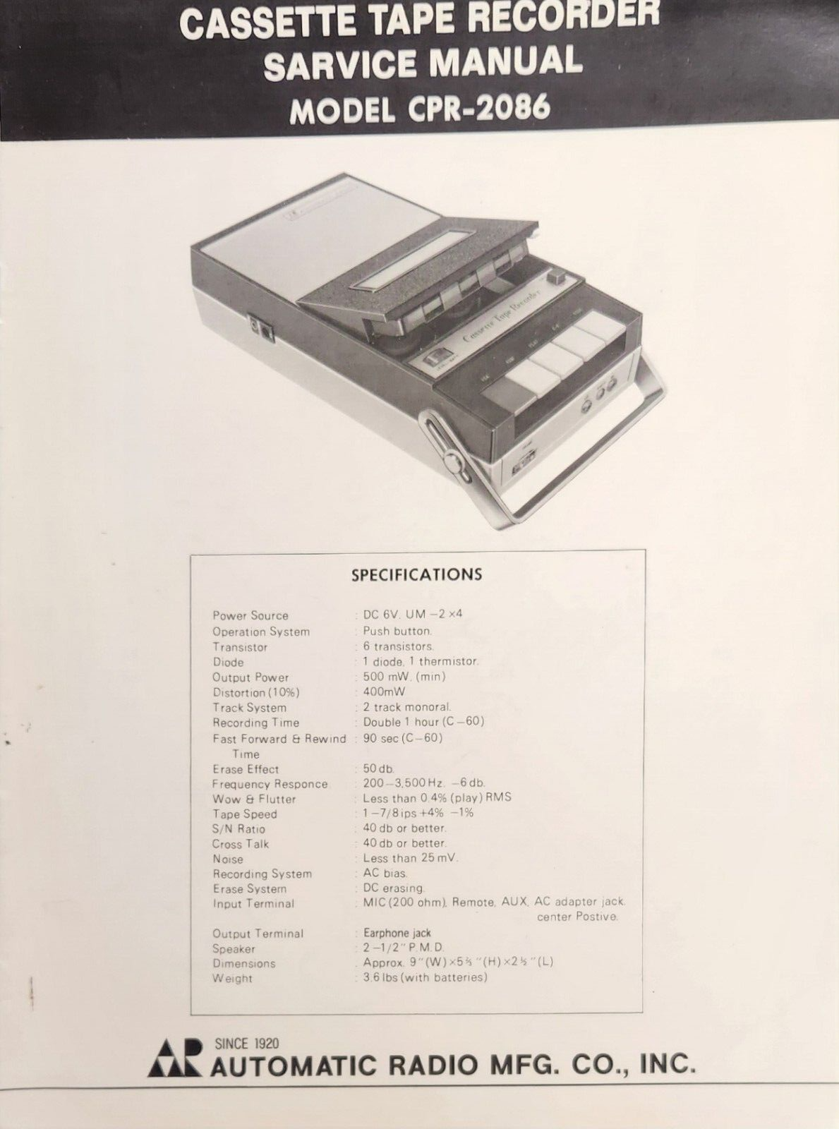 Automatic Radio - Model CPR-2086 Service Manual - Original | eBay