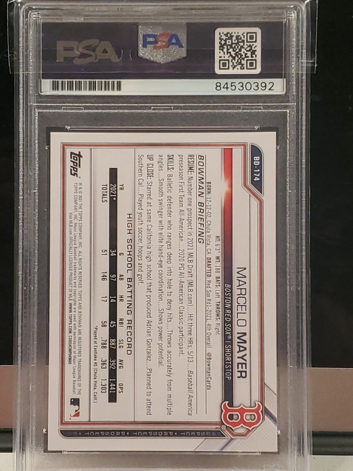 Marcelo Mayer Autographed Rookie 2021 1st Bowman Paper RC Card PSA 10 ...