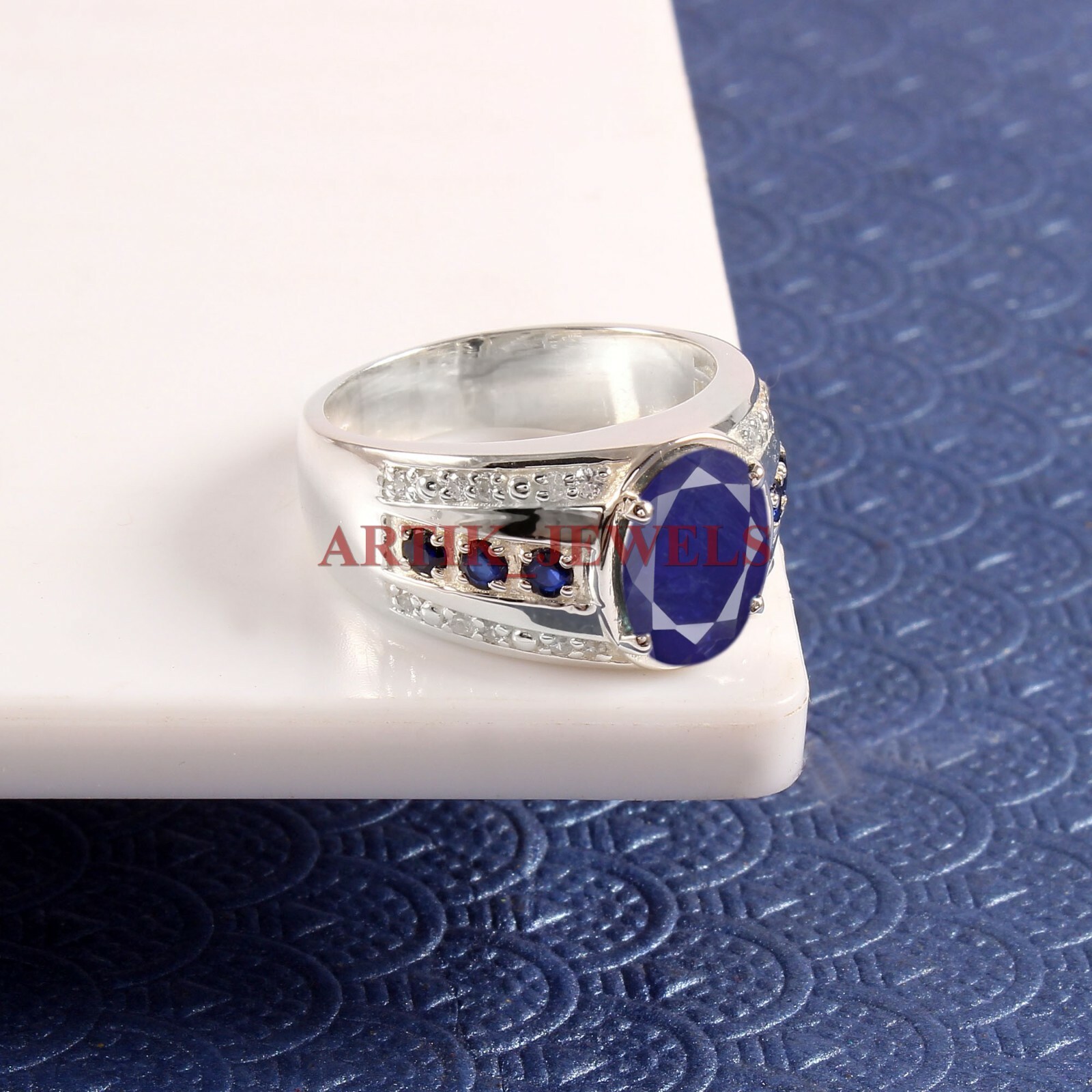 Heated Blue Sapphire Gemstone with 925 Sterling Silver Ring for Men's ...