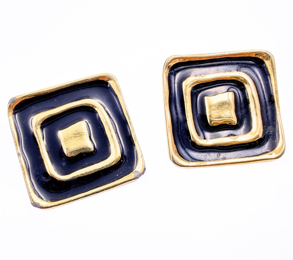Designer High End Square Gold Plate Black Enamel Outline Clip Earrings ...