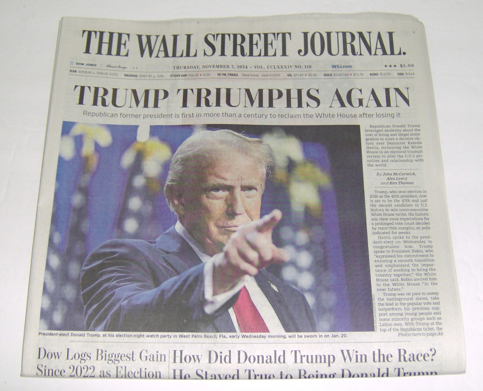 "THE WALL STREET JOURNAL" NEWSPAPER NOV. 7, 2024 ~ TRUMP TRIUMPHS AGAIN ...