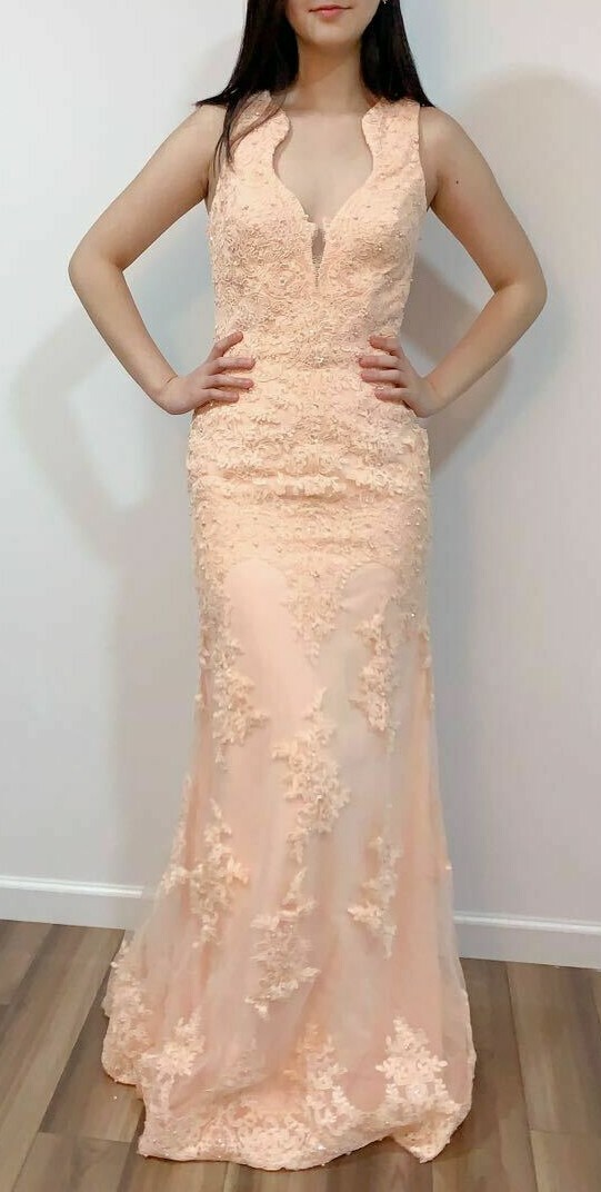 Beads Lace Blush/ Peach Long Prom Dress / Wedding Dress / Pageant Gown ...