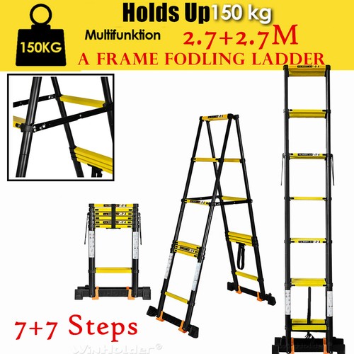 2.7+2.7M Aluminium Telescopic Extendable Ladder 2 Side 7+7 Step Rolling ...
