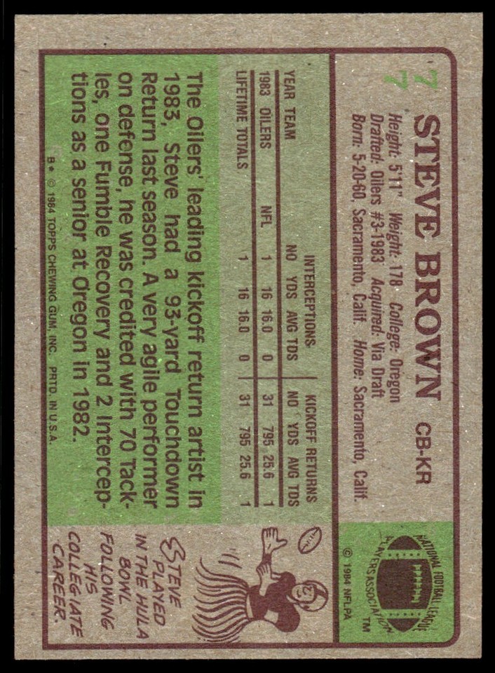 1984 TOPPS STEVE BROWN RC HOUSTON OILERS #77 | eBay