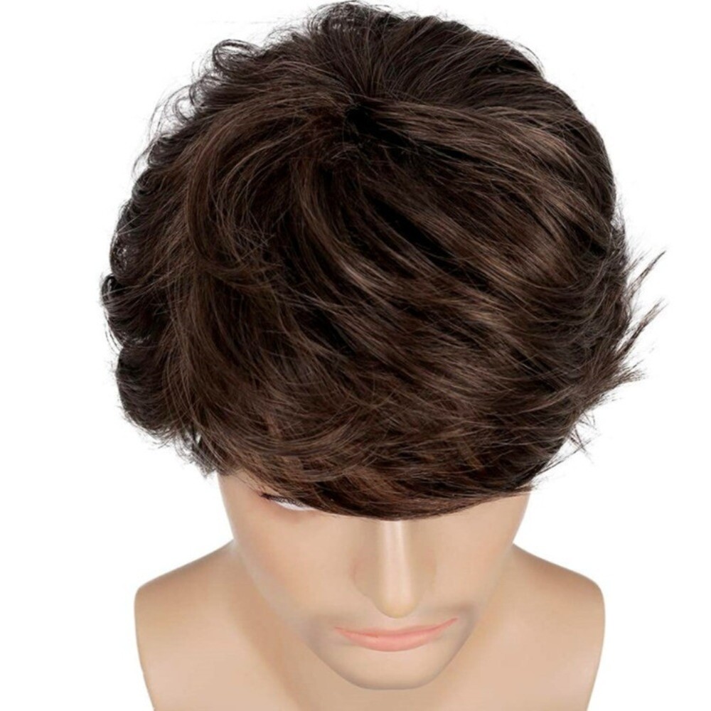 Natural Color Head Cover Men's Wigs Synthetic Hair Full Curly Wig Short ...