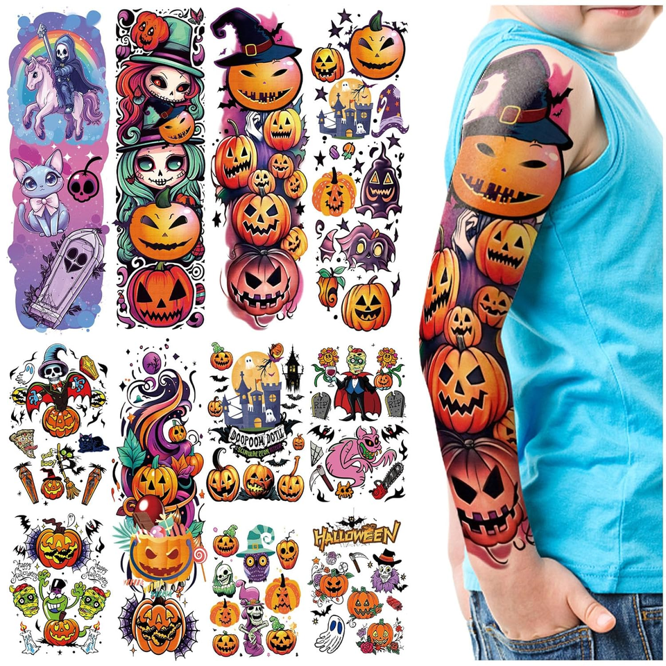 Halloween Temporary Tattoos for Kids, 52 Sheets Full Arm Sleeve ...