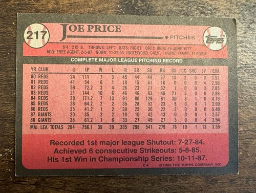 Topps 1989 Joe Price P #217 San Francisco Giants Baseball Card | eBay