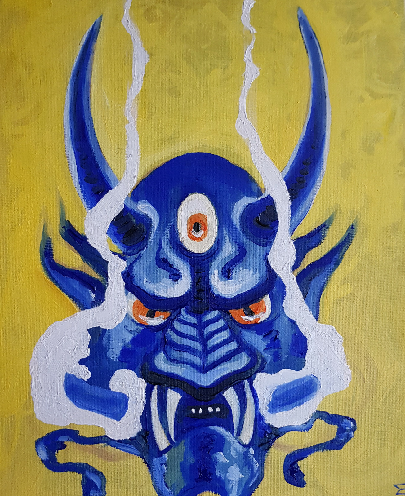OIL PAINTING CANVAS SIGNED ART FACE YOKAI AKUMA DEVIL JAPANESE MASK ...