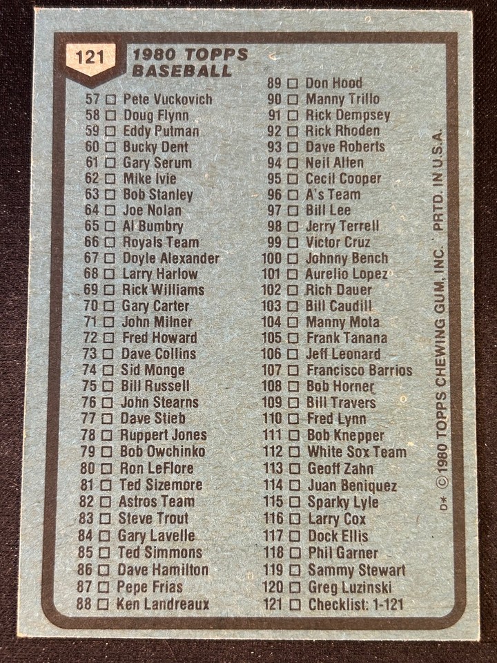 1980 Topps Checklist: 1-121 #121 | eBay