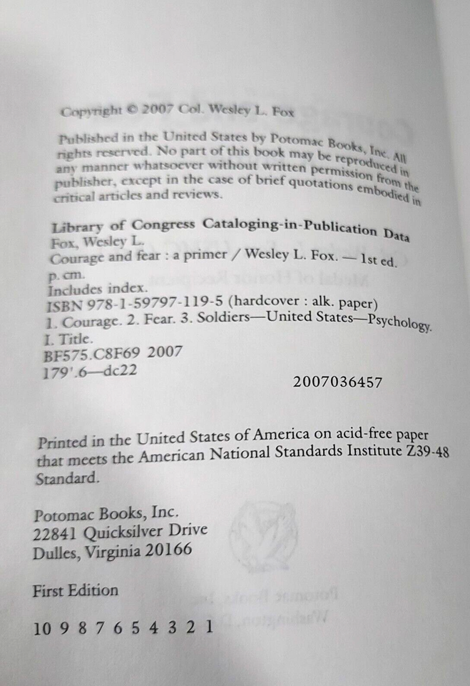 Courage And Fear a Primer by Col Wesley L. Fox(2007,Hardcover) 1st Ed ...