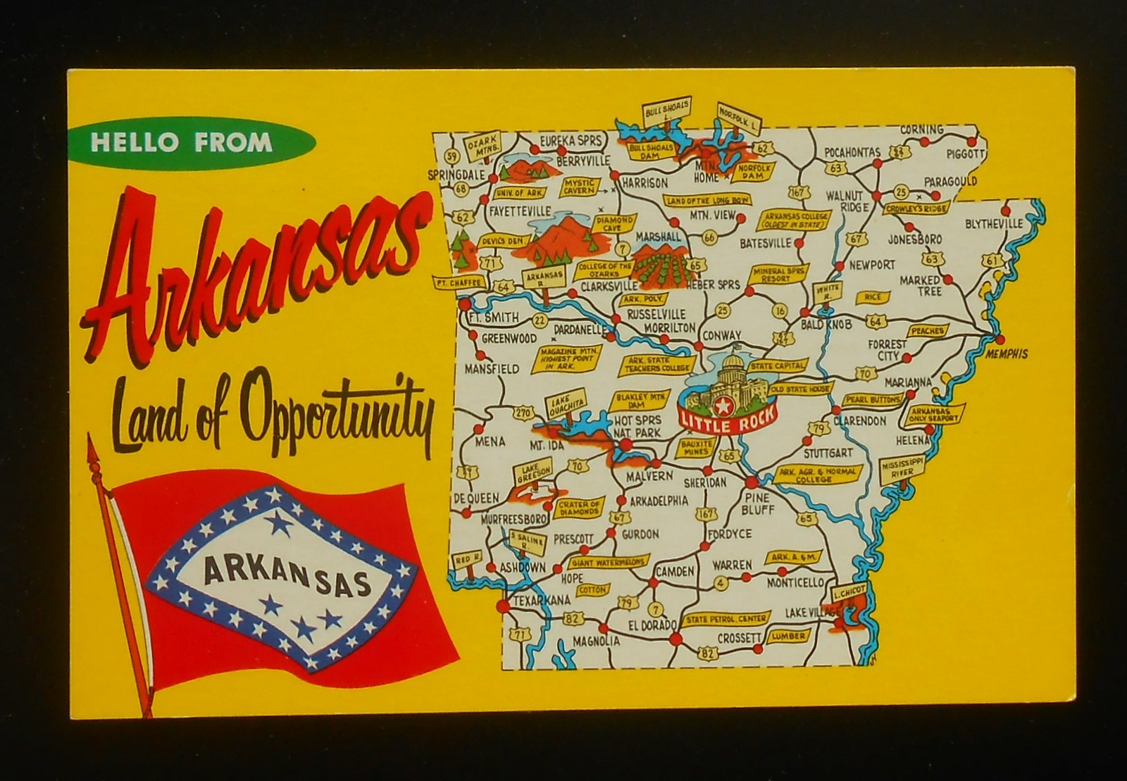 1960s State Map of Arkansas Landmarks Icons Flag Land of Opportunity AR ...