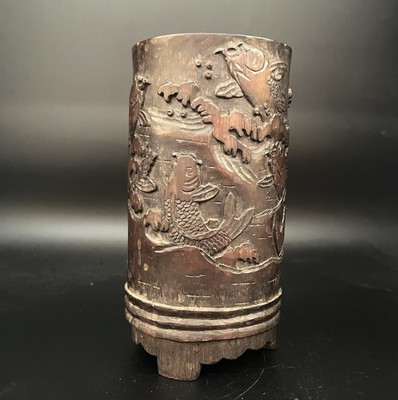 Antique Chinese Footed Bamboo Brush Pot Koi Fish Jumping Waves Hand ...