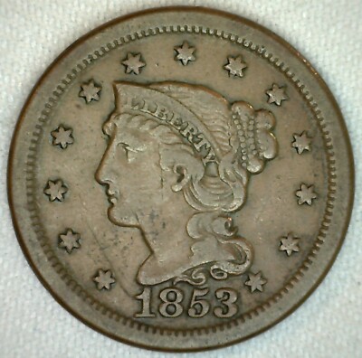 1853 United States Braided Hair Large Cent Copper Coin 1c US VF Very ...