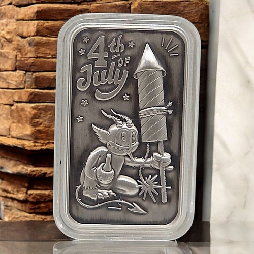 Pit Bullion '4th of July' - 2 oz Antiqued High Relief .999 Silver Bar ...