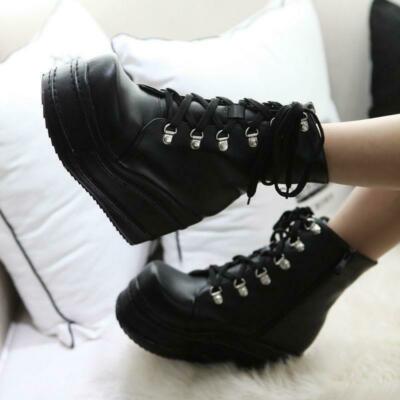 New Women Platform Lace up Punk Ankle Boot Creepers High Wedge Heel ...