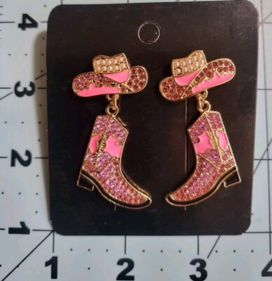 Cowboy Boot Hat earrings Pink Rhinestone Fashion jewelry FAST Free ...