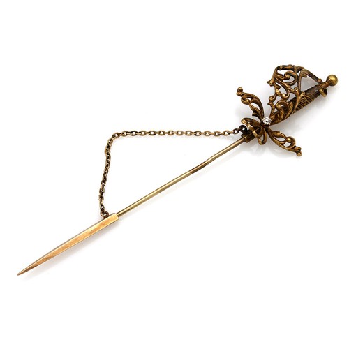 Vintage Sword Pin Brooch in 18K Yellow Gold - Gem