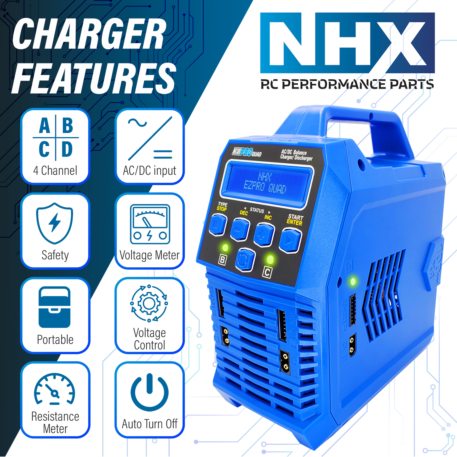 NHX RC EZPRO QUAD 100W X4 AC/DC 12A LiPo/Li-HV/NIMH Battery Balance ...