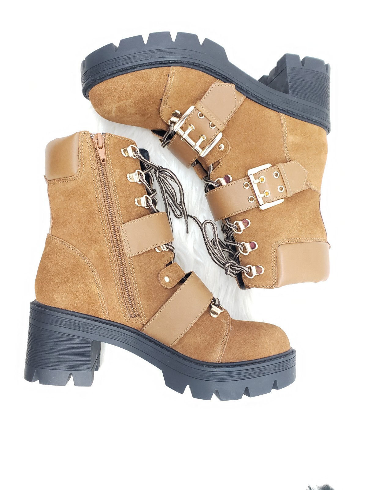 🌺AQUA Genie Buckle Hiker Leather Biker Boots Cognac … - Gem