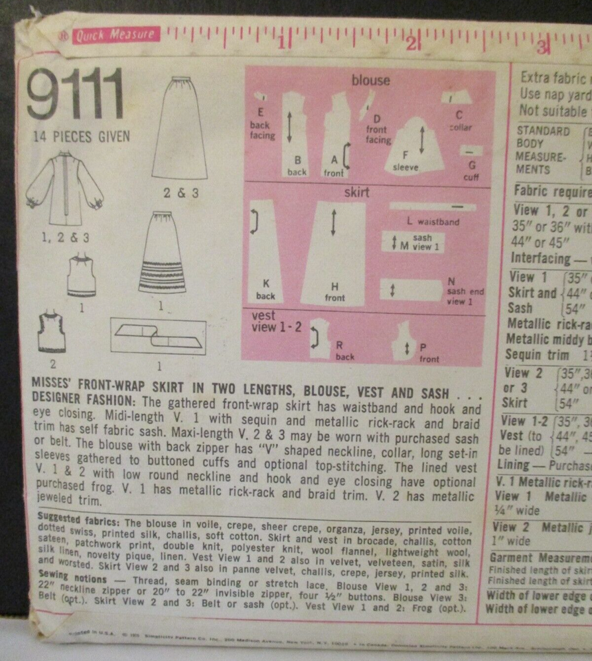 Simplicity Pattern 9111 Misses Front Wrap Skirt Blouse Vest Sash Size ...