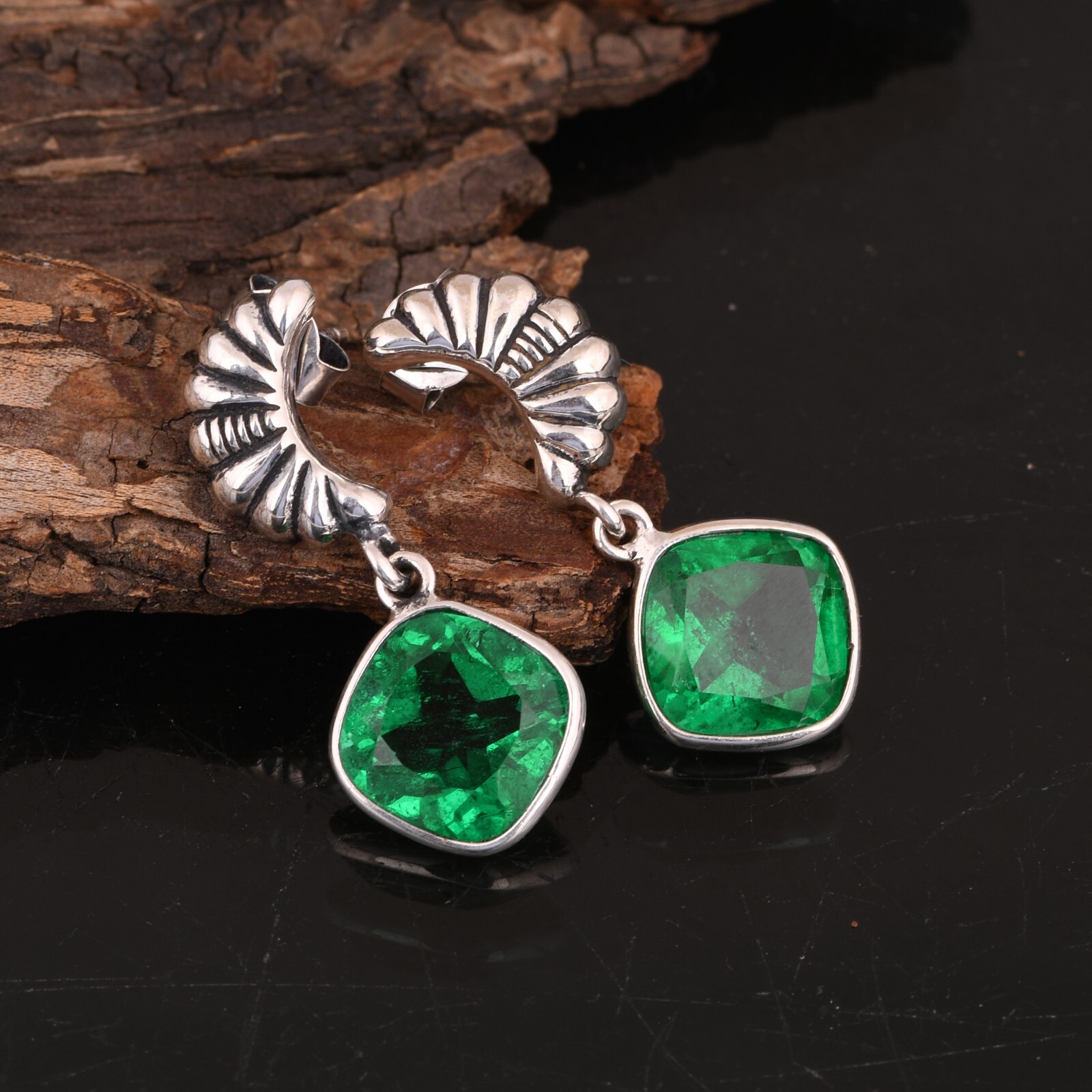 Doublet Emerald Gemstone Silver Dangle Earrings Oxidised Women Jewelry ...