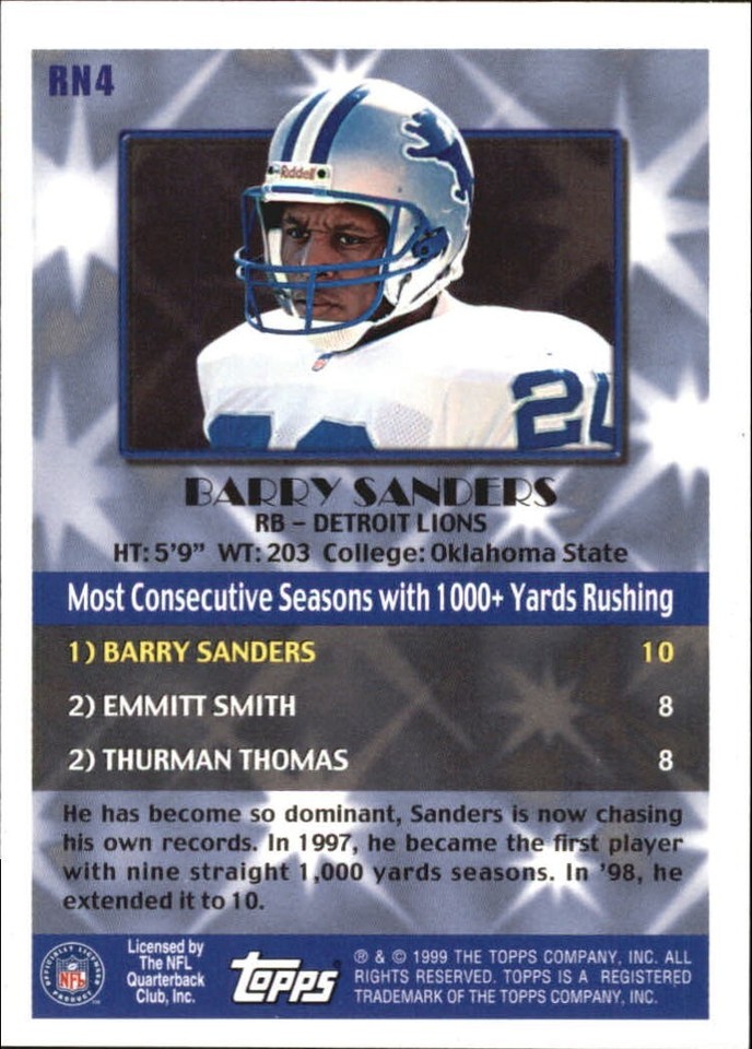 1999 TOPPS RECORD NUMBERS SILVER #RN4 BARRY SANDERS | eBay