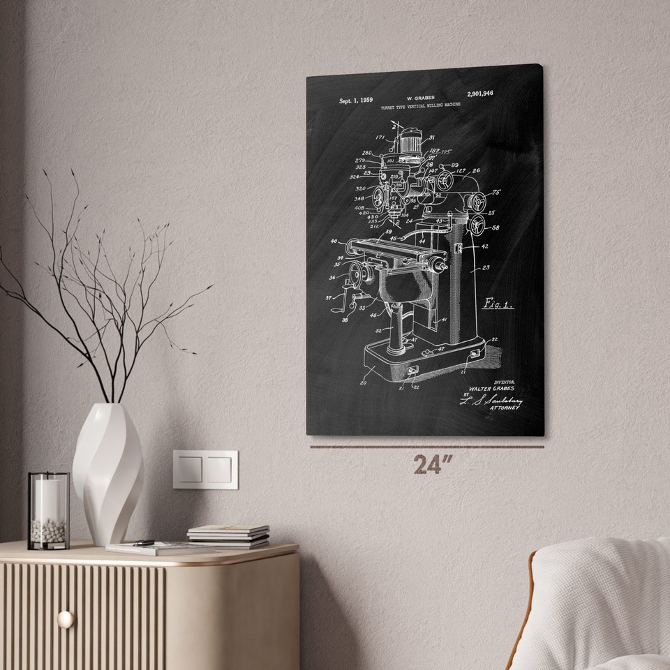 Vertical Milling Machine Patent Wall Art Poster, Canvas or Framed Dad ...