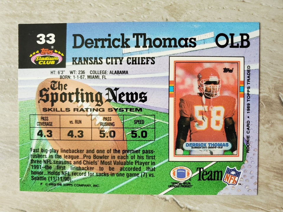 Derrick Thomas card #33 Topps Stadium Club Football Card 1992 Kansas ...