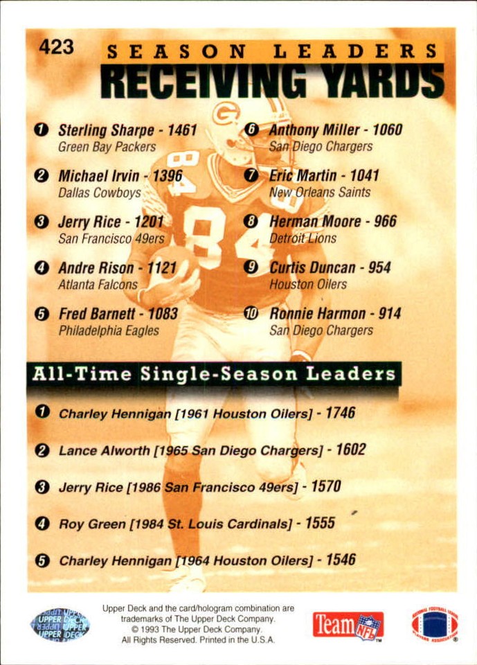 1993 Upper Deck Football Card #423 Sterling Sharpe SL | eBay