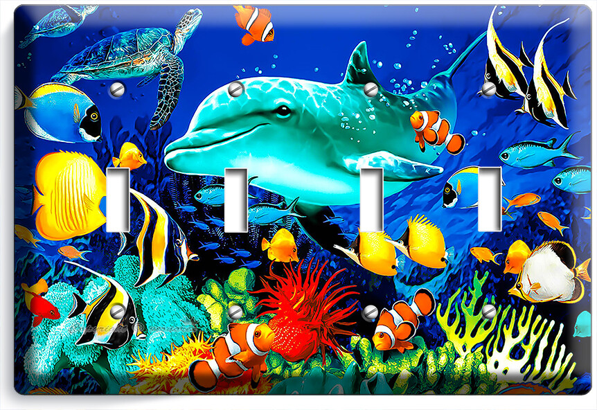 COLORFUL OCEAN LIFE TROPICAL SEA FISH DOLPHIN LIGHT SWITCH OUTLET ART ...