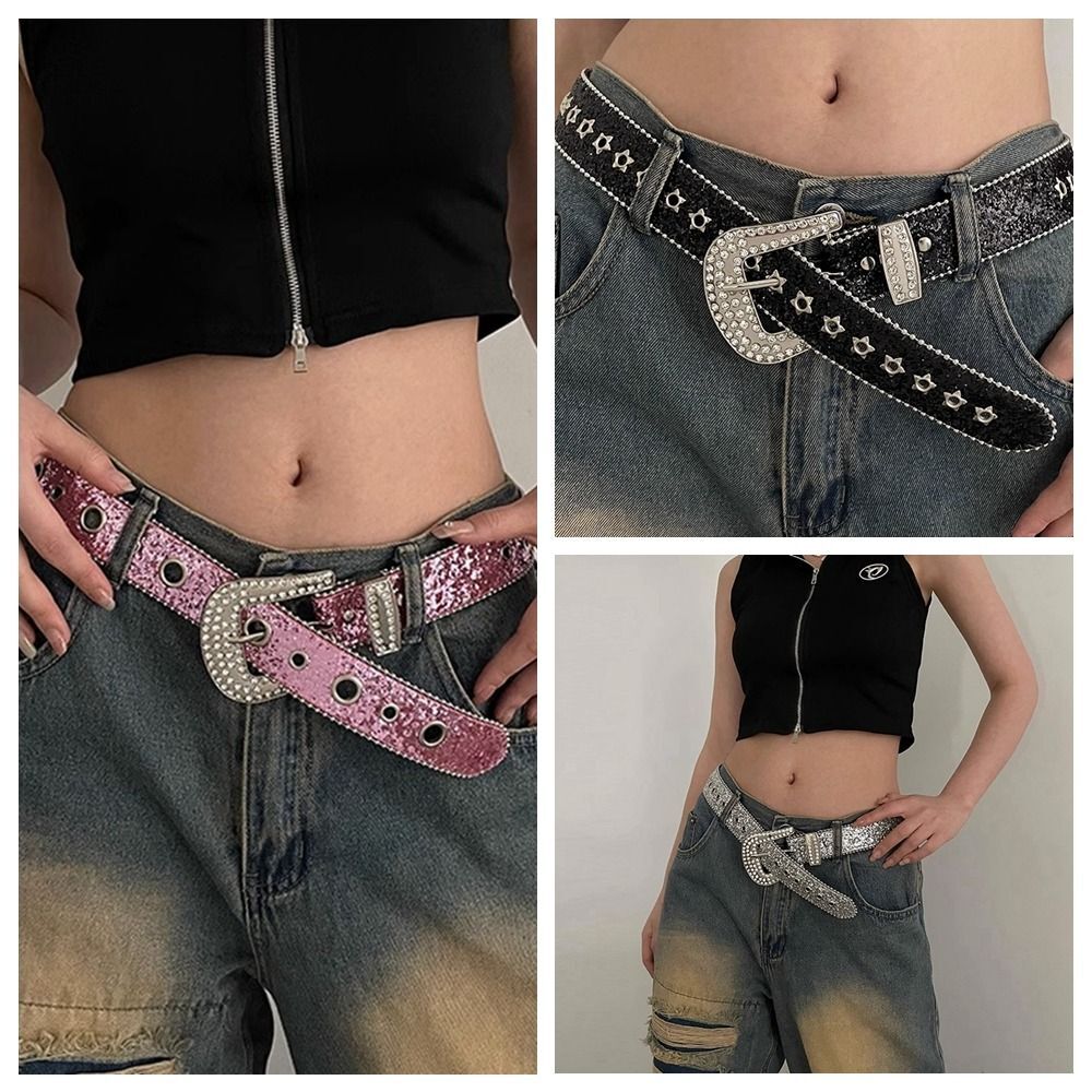 Y2K Rhinestone Belts PU Leather Star Belts Simple Waistband Men | eBay ...
