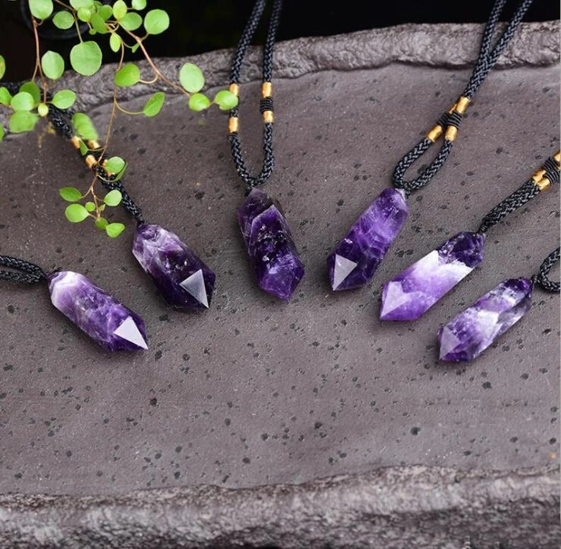 Natural Amethyst Crystal Hexagonal Point Pendant Healing Reiki Amulet ...