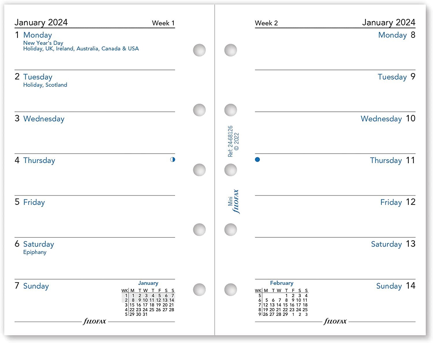 Filofax Mini 2024 Week Per Page White Diary Refill Insert 24-68126 ...