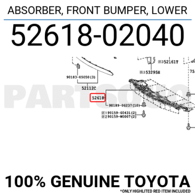 5261802040 Genuine Toyota ABSORBER, FRONT BUMPER, LOWER 52618-02040 | eBay