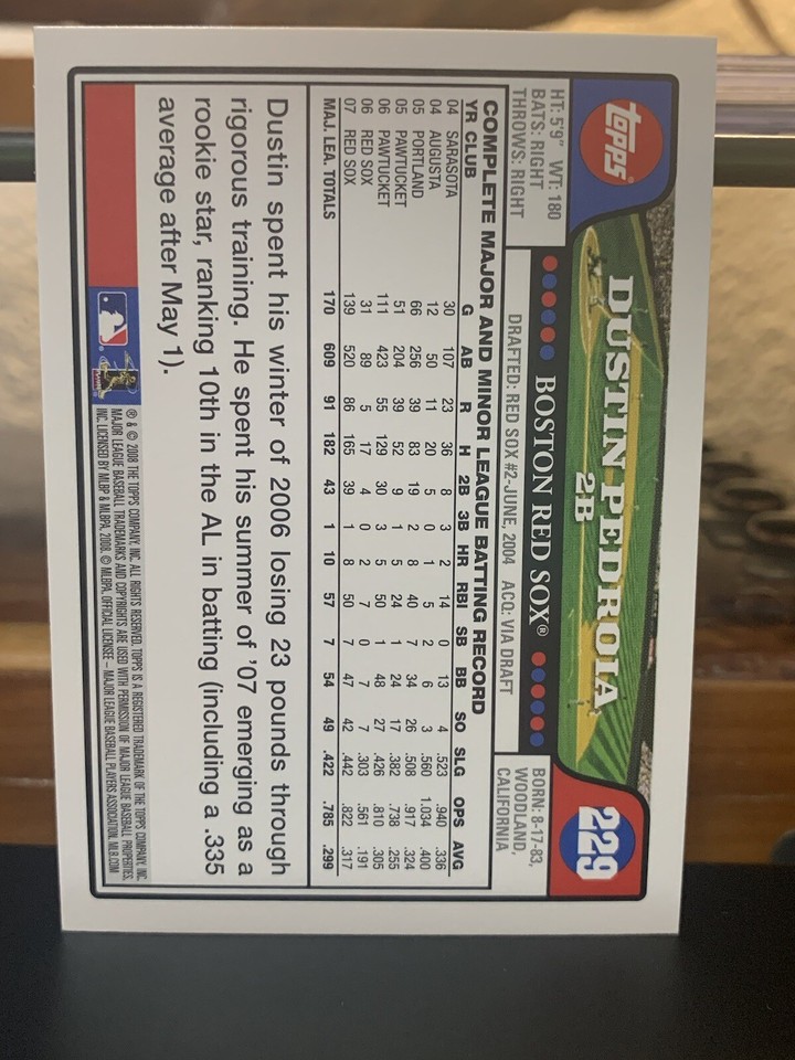 2008 Topps Dustin Pedroia Gold Cup Rookie Boston Red Sox Baseball Card ...