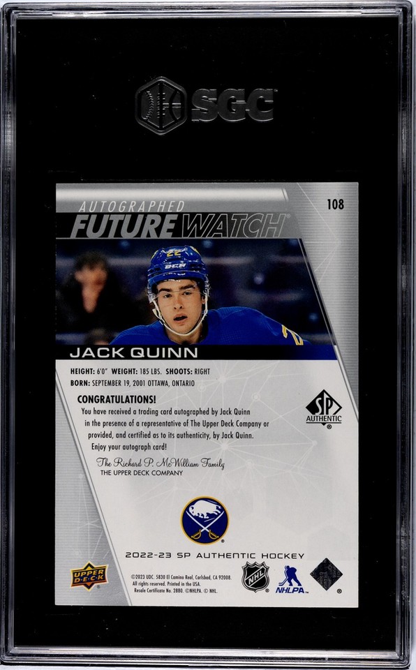 2022-23 SP Authentic AUTOGRAPHED FUTURE WATCH; Jack Quinn GRADED 9 MINT ...