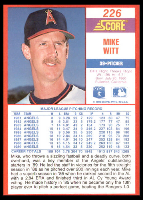 1990 Score #226 Mike Witt California Angels Baseball Card | eBay