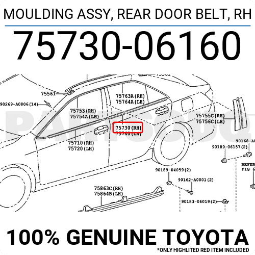 7573006160 Genuine Toyota MOULDING ASSY, REAR DOOR BELT, RH 75730-06160 ...