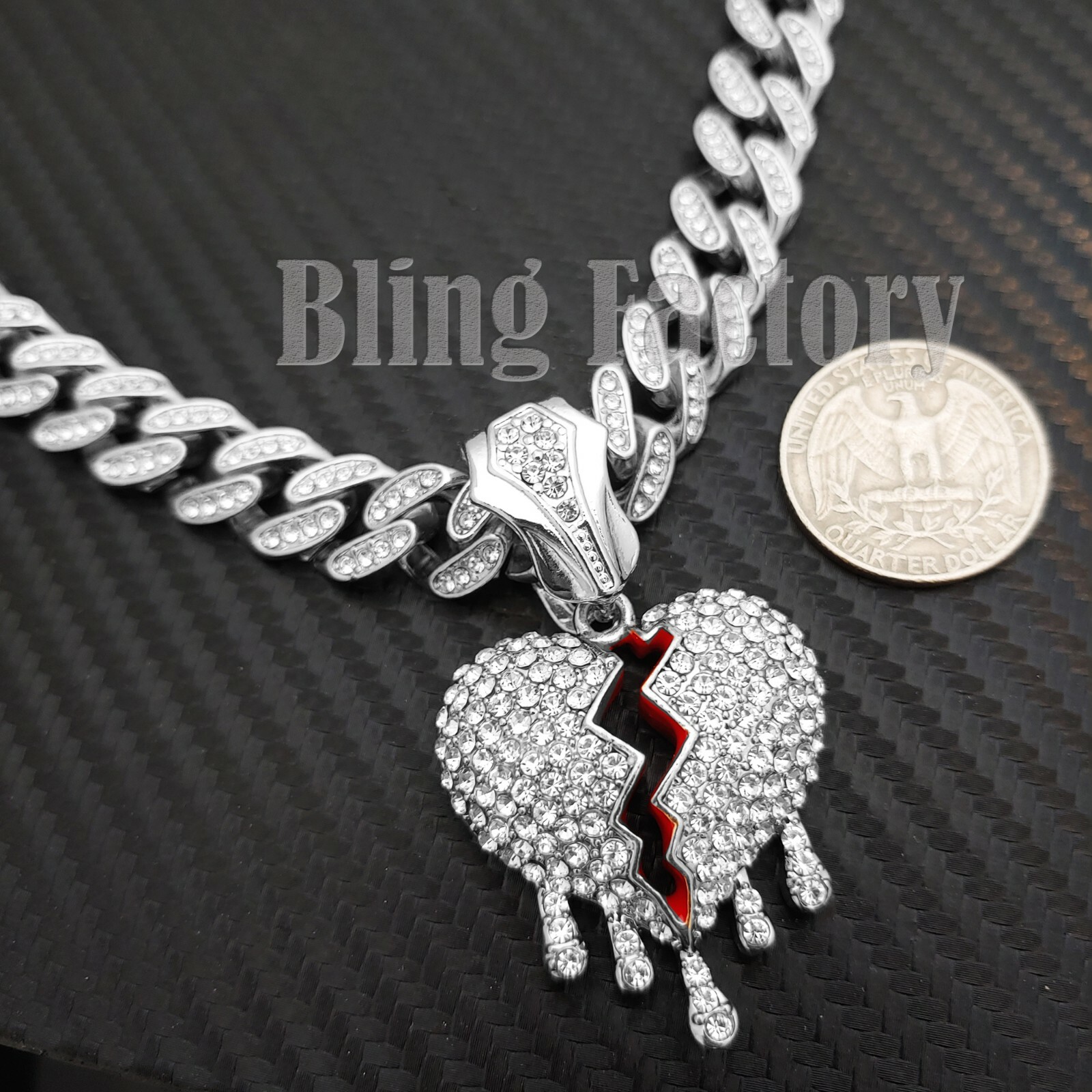 Silver Plated Alloy Drip Broken Heart Iced Cubic Zirconia Cuban Chain ...