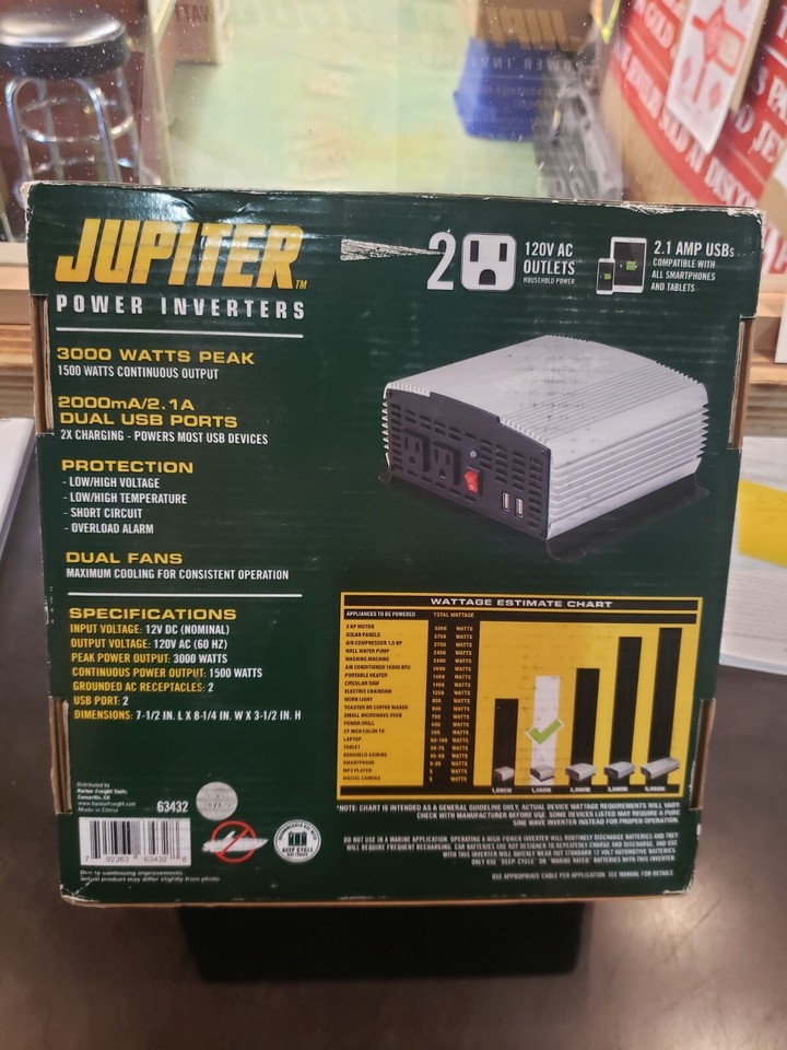 Jupiter 1500 Watt Continuous 3000 Watt Peak Car Power Inverter USB High ...